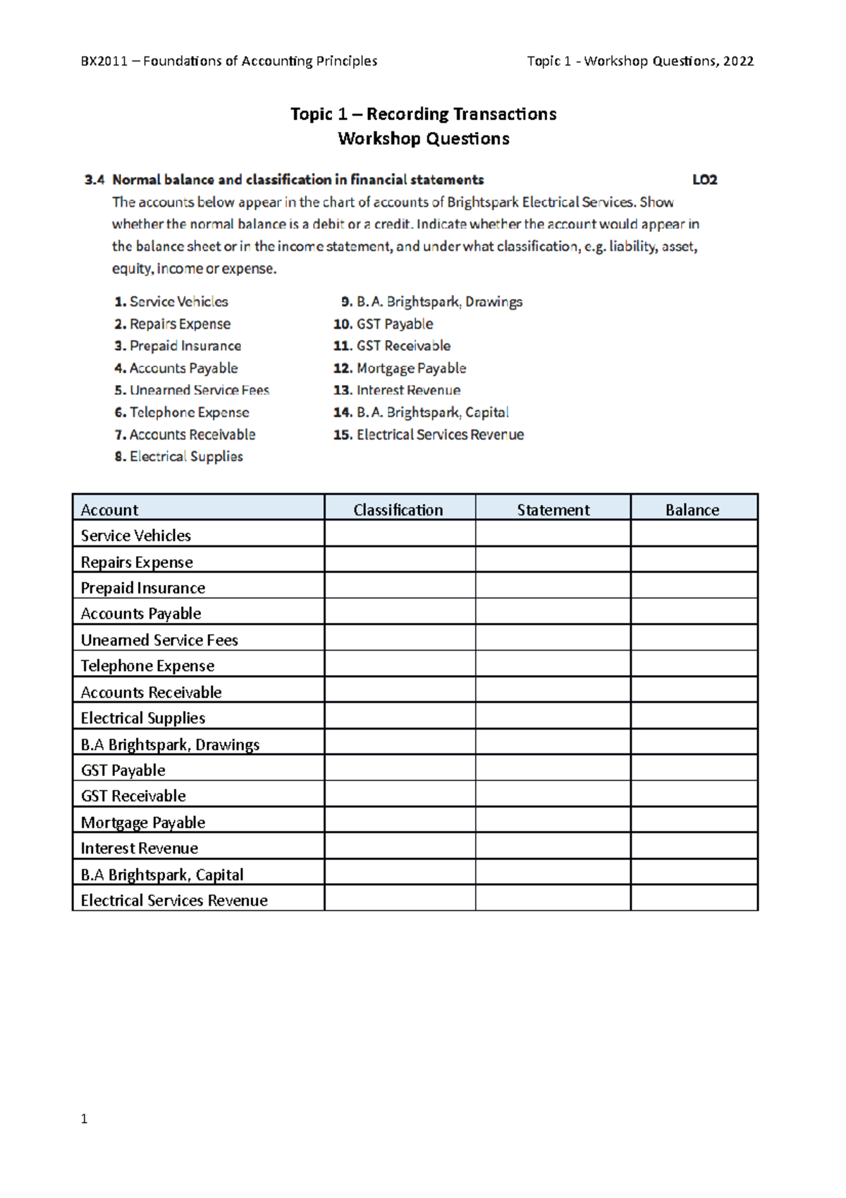 BX2011 Topic 01 Workshop Questions 2022 - Topic 1 – Recording Transactions Workshop Questions ...