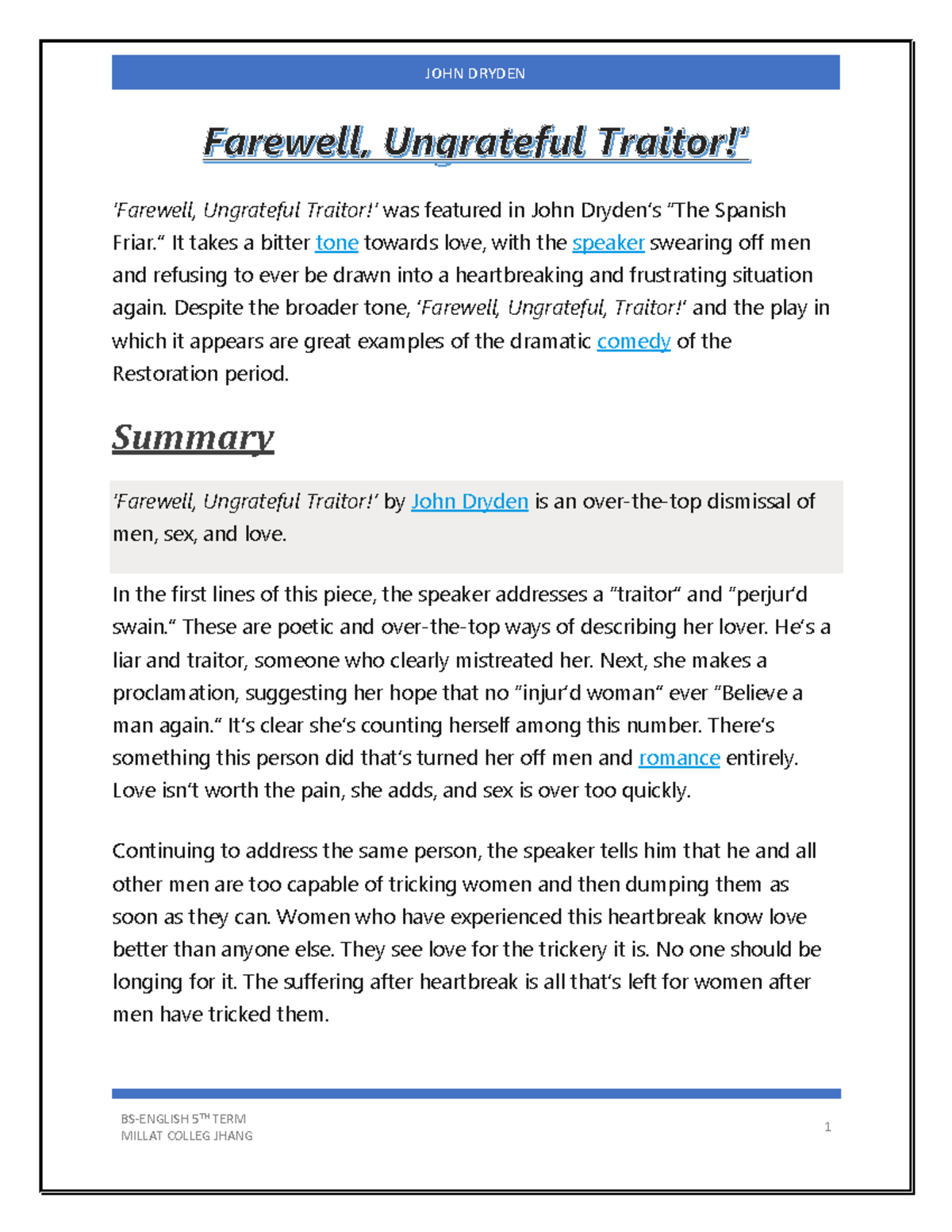 John Dryden Poems 3 - Literature and linguistics notes - BS-ENGLISH 5TH ...