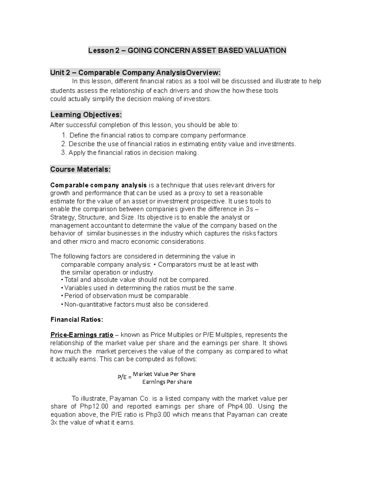 Lesson 2 – Going Concern Asset Based Valuation Unit 2 – Comparable ...