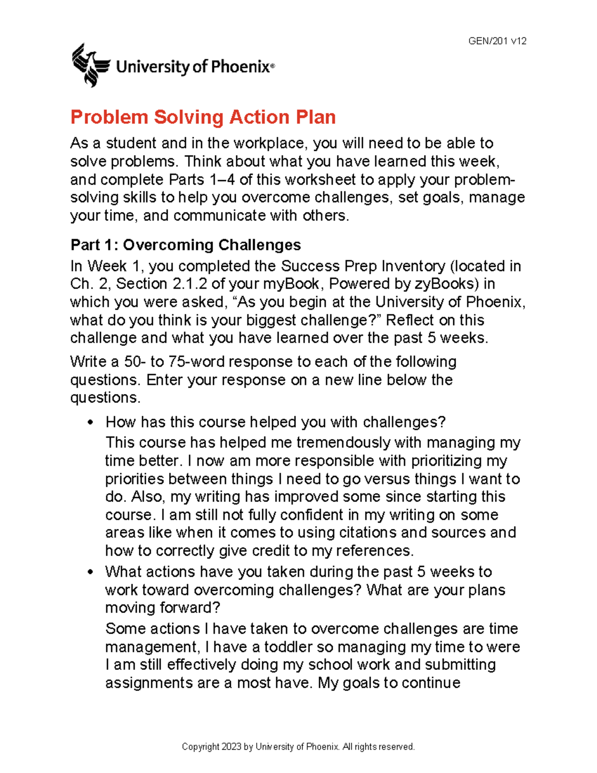 Week 5 practive week 5 - GEN/201 v Problem Solving Action Plan As a ...