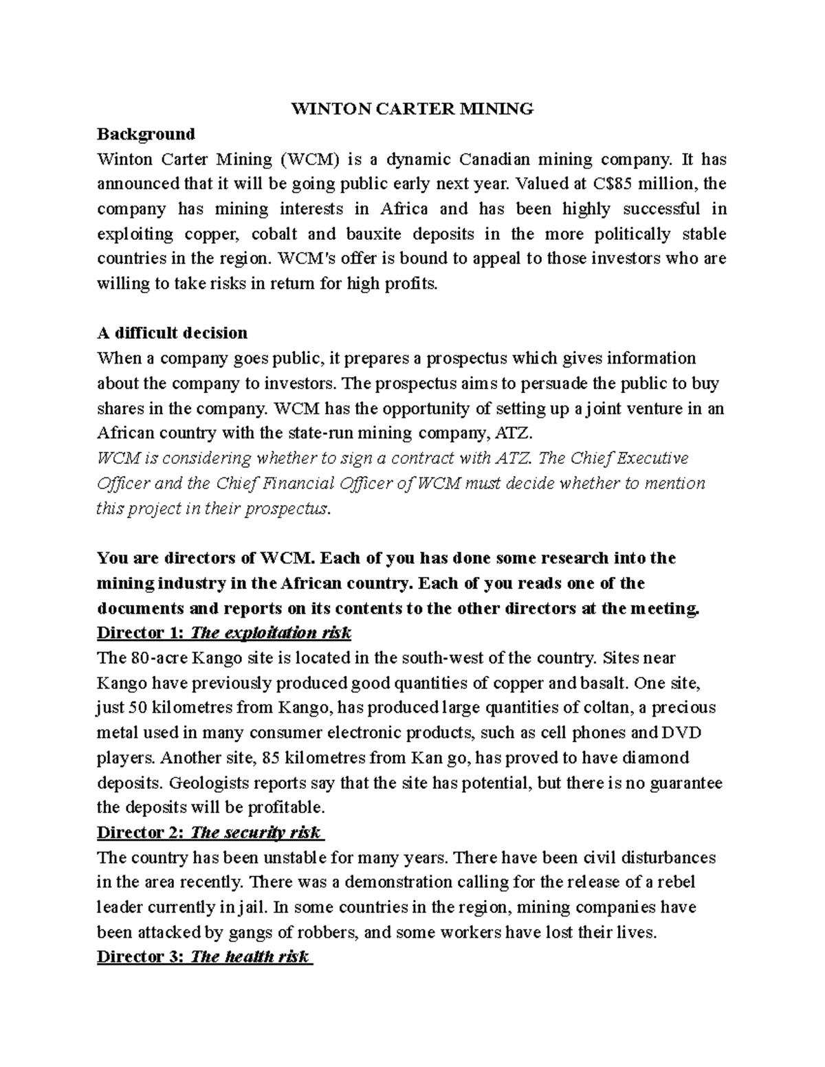 Report writing - WINTON CARTER MINING Background Winton Carter Mining ...