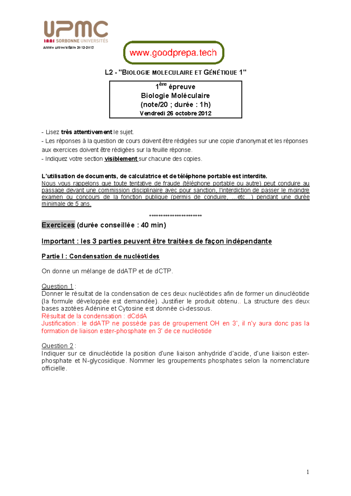 Biomol exam 2 - EXAM - Année universitaire 2012- L2 - "BIOLOGIE ...