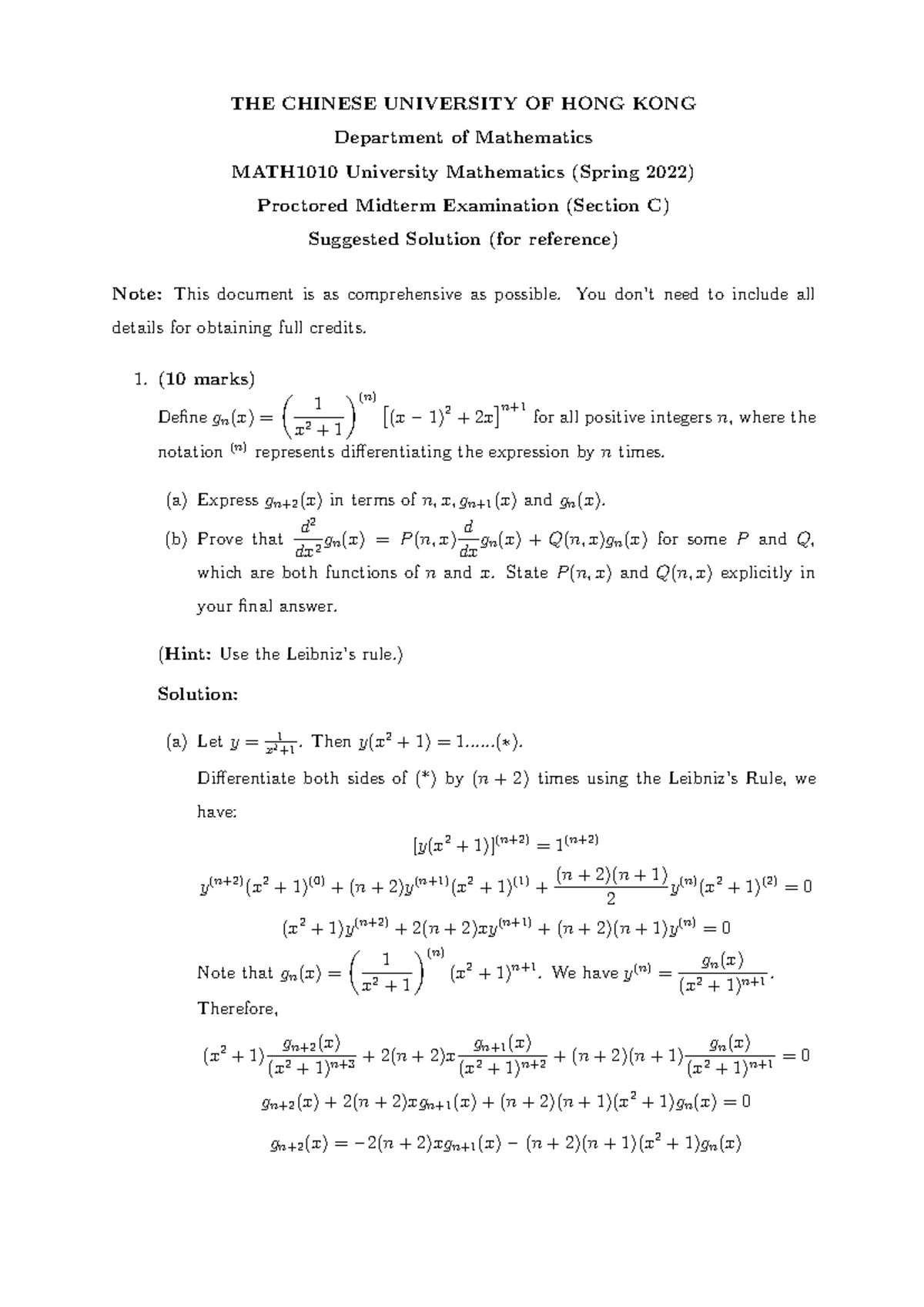 MATH1010 Term2 2022 Midterm (Section C) sol v1 - THE CHINESE UNIVERSITY OF HONG KONG Department ...