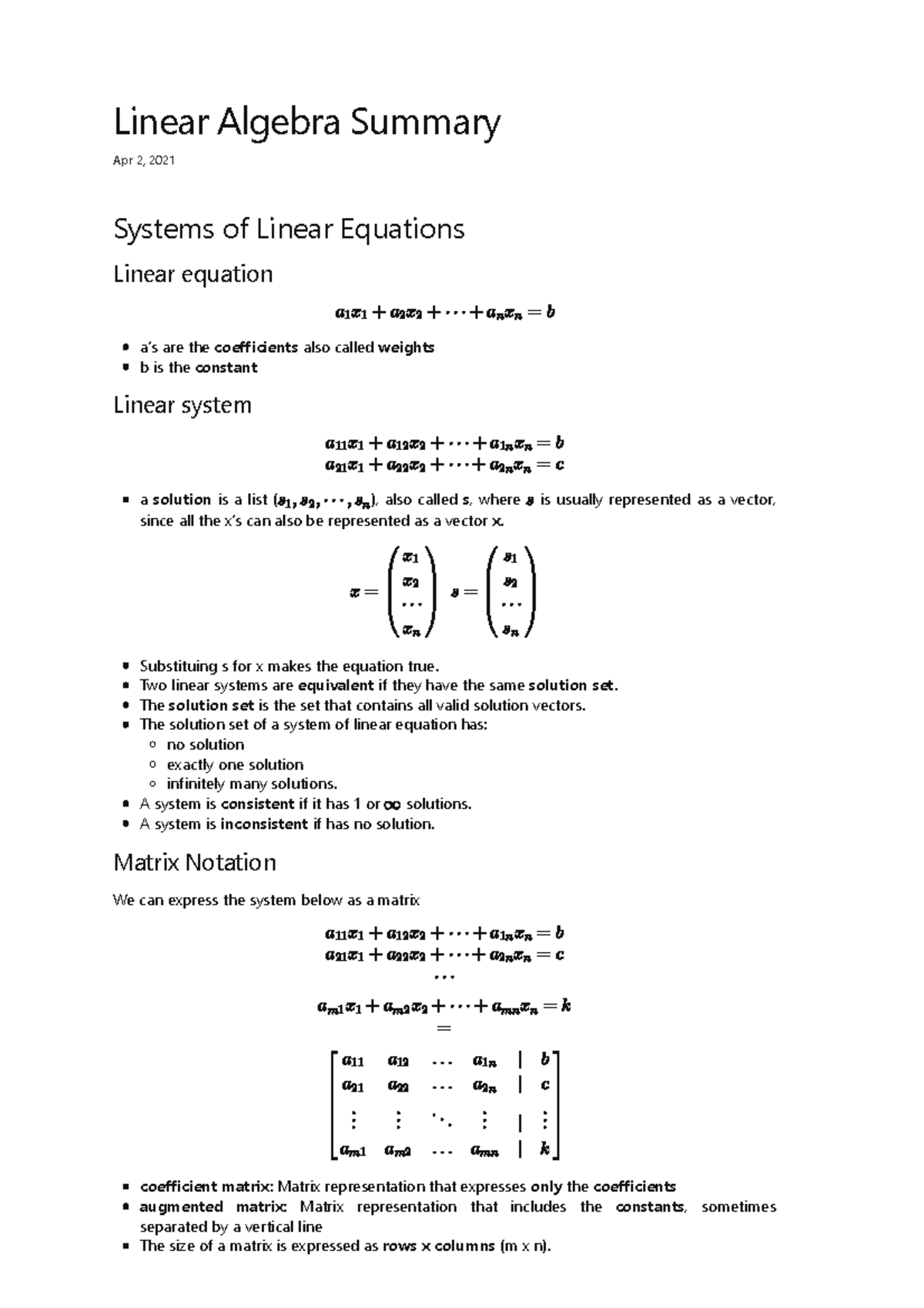 CSE1205 Linear algebra - Linear Algebra Summary Apr 2, 2021 Systems of ...