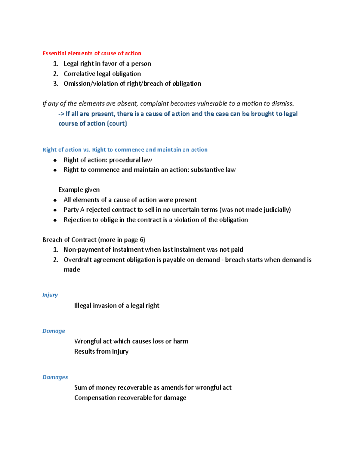 Oblilaw De Leon - Essential elements of cause of action 1. Legal right ...