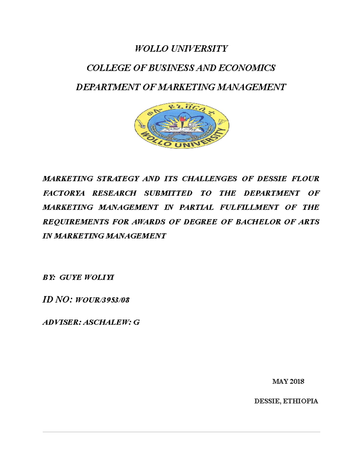 Marketing management research - WOLLO UNIVERSITY COLLEGE OF BUSINESS ...