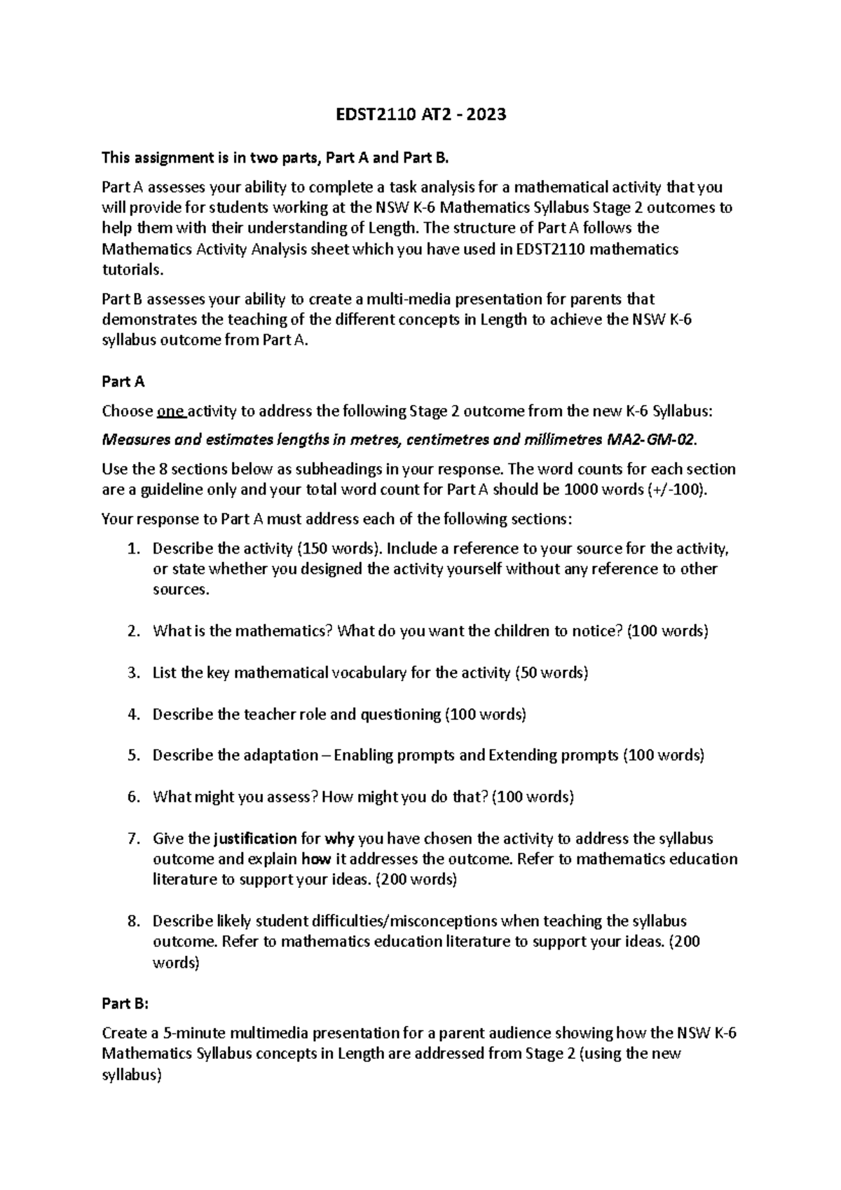 Maths Assignment EDST 2110 - 2023 - EDST2110 AT2 - 2023 This assignment ...