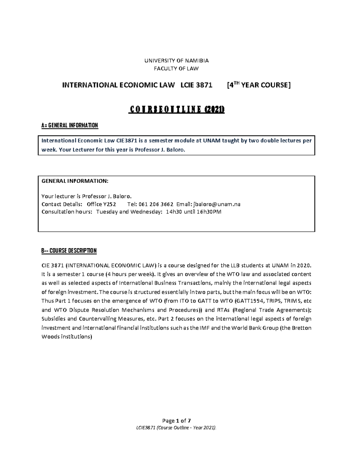 CIE 3871 - International Economic Law - Course Outline (25 February ...