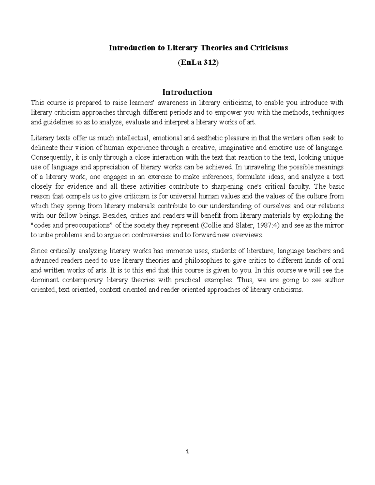 Introduction to Literary Theories and Criticism 1 - Literary texts ...