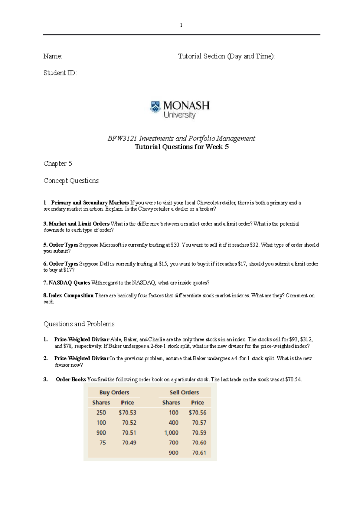 BFW3121 Tutorial Answers for Week 5 New - Name: Tutorial Section (Day ...