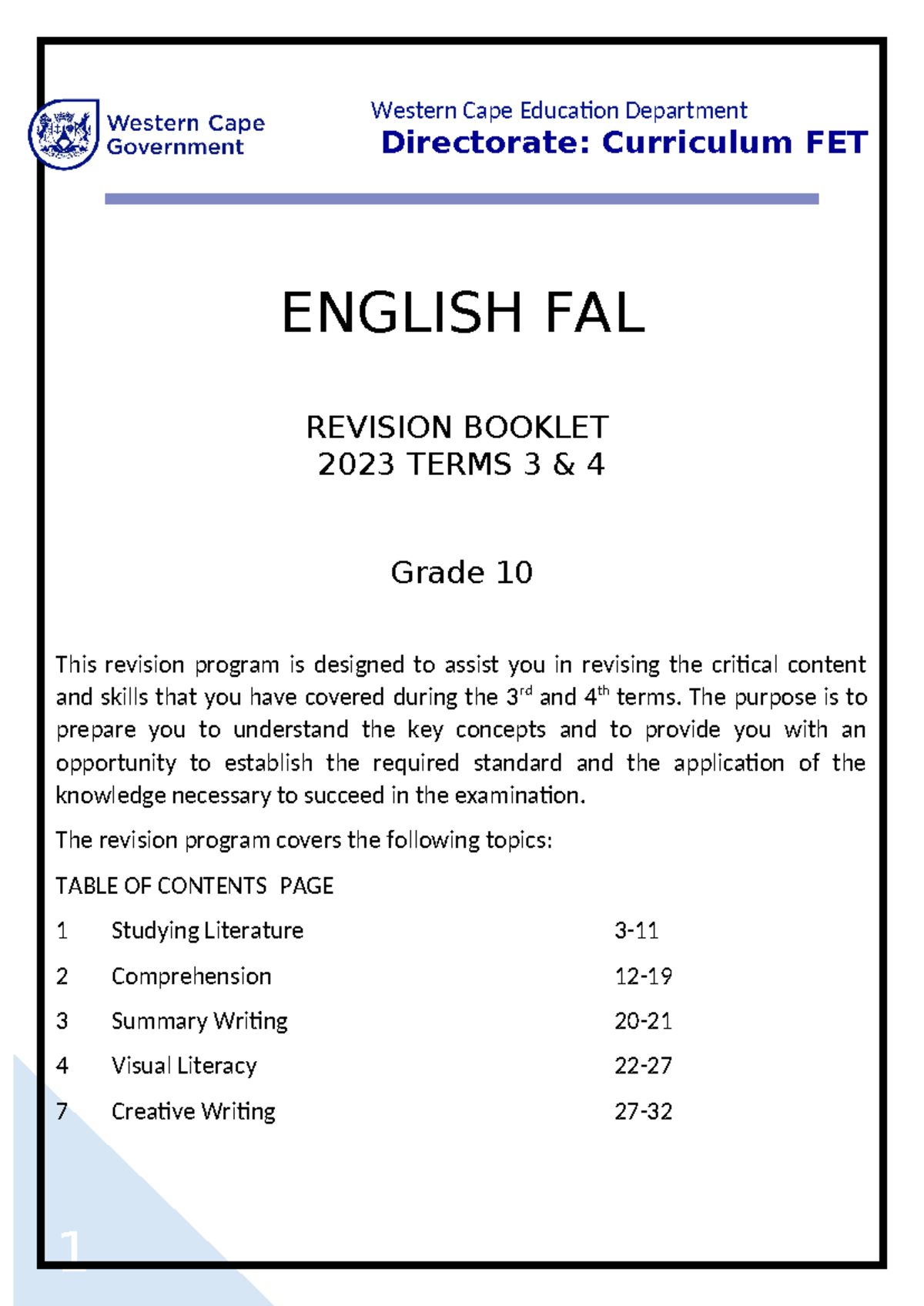 Grade 10 EFAL Term 3 Revision Booklet - 1 Western Cape Education ...