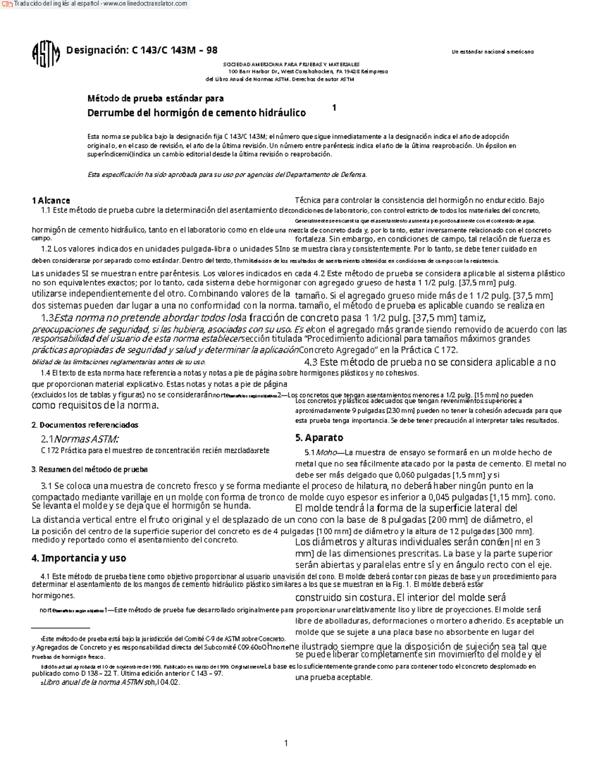 Pdfcoffee.com astm-c143-7-pdf-free - Designación: C 143/C 143M – 98 Un estándar nacional ...