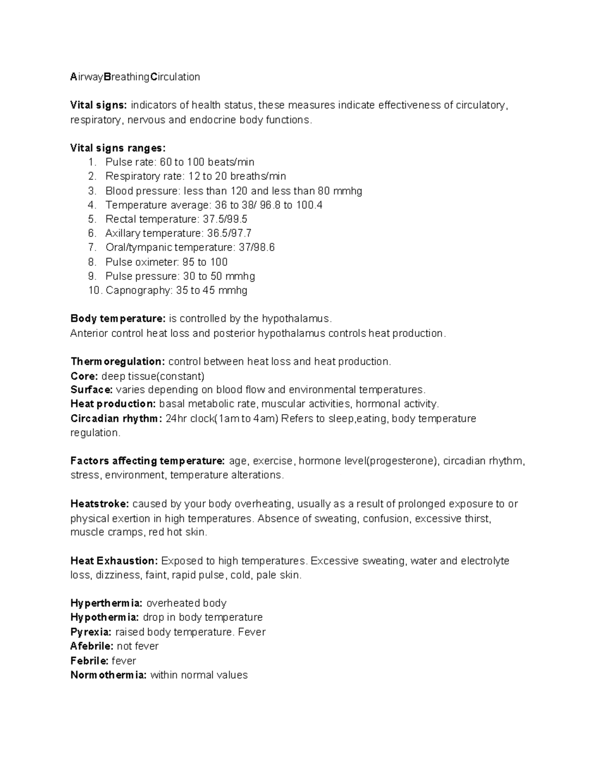 Vital signs - Lecture notes 1 - A irway B reathing C irculation Vital ...