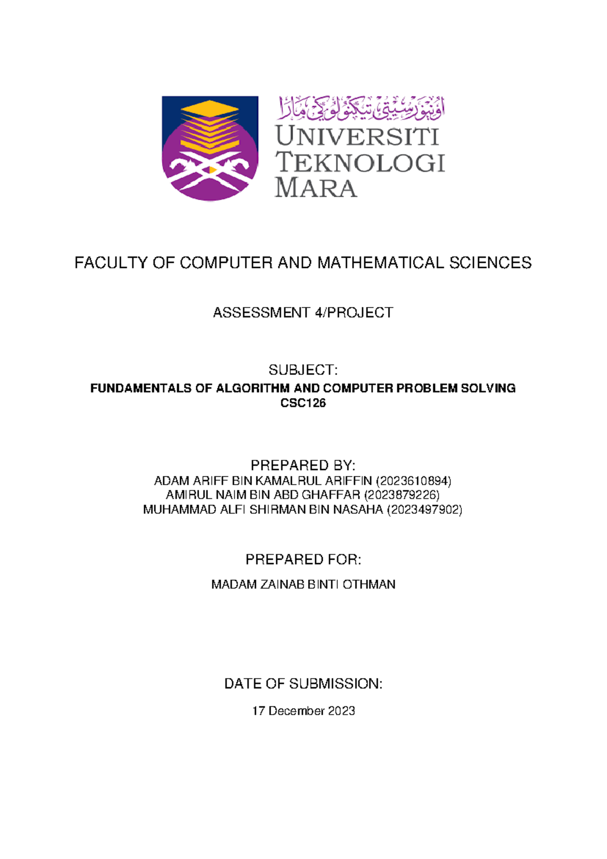 Project Proposal CSC126 - FACULTY OF COMPUTER AND MATHEMATICAL SCIENCES ASSESSMENT 4/PROJECT ...