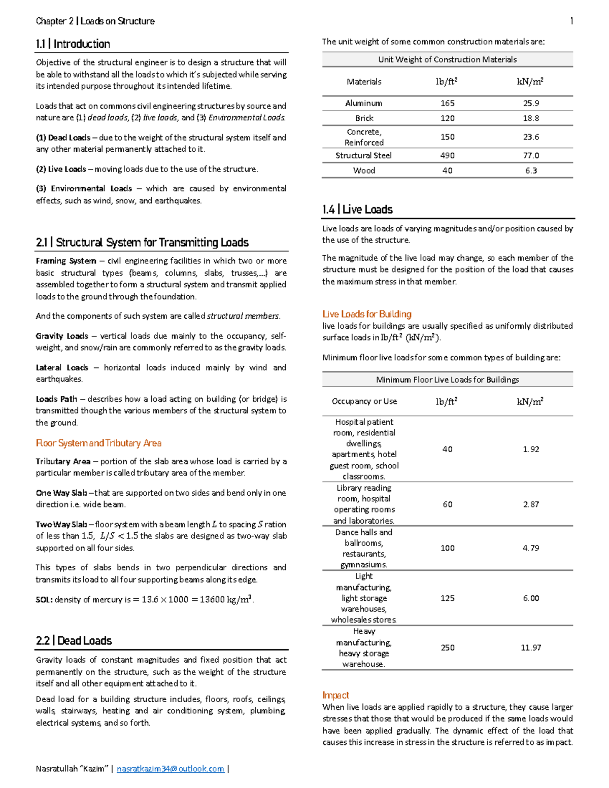 STA CHP2 - Statics lecture notes - Chapter 2 | Loads on Structure 1 ...