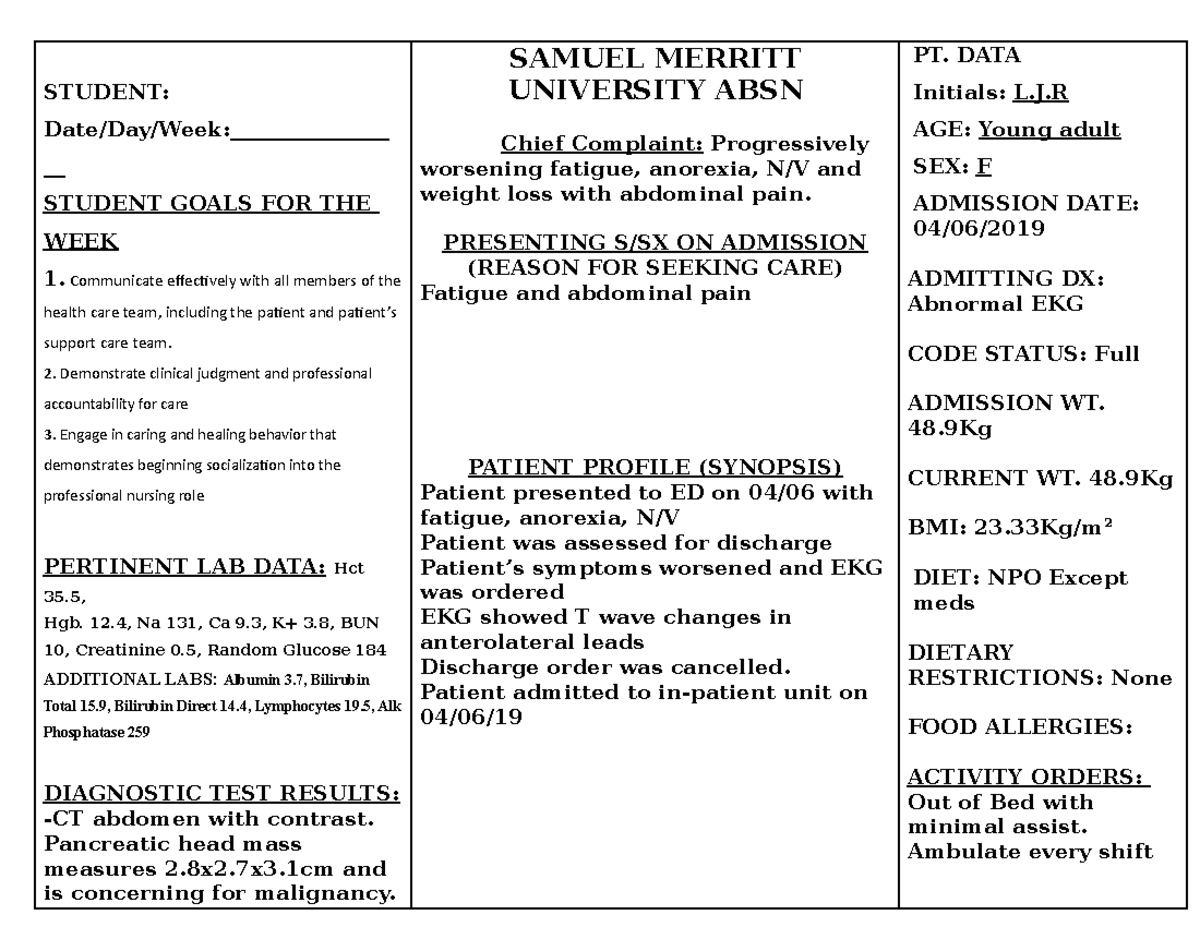 MCA 2 Care Plan week 4 - MCA-2 Clinicals Care Plan week 4 - STUDENT ...