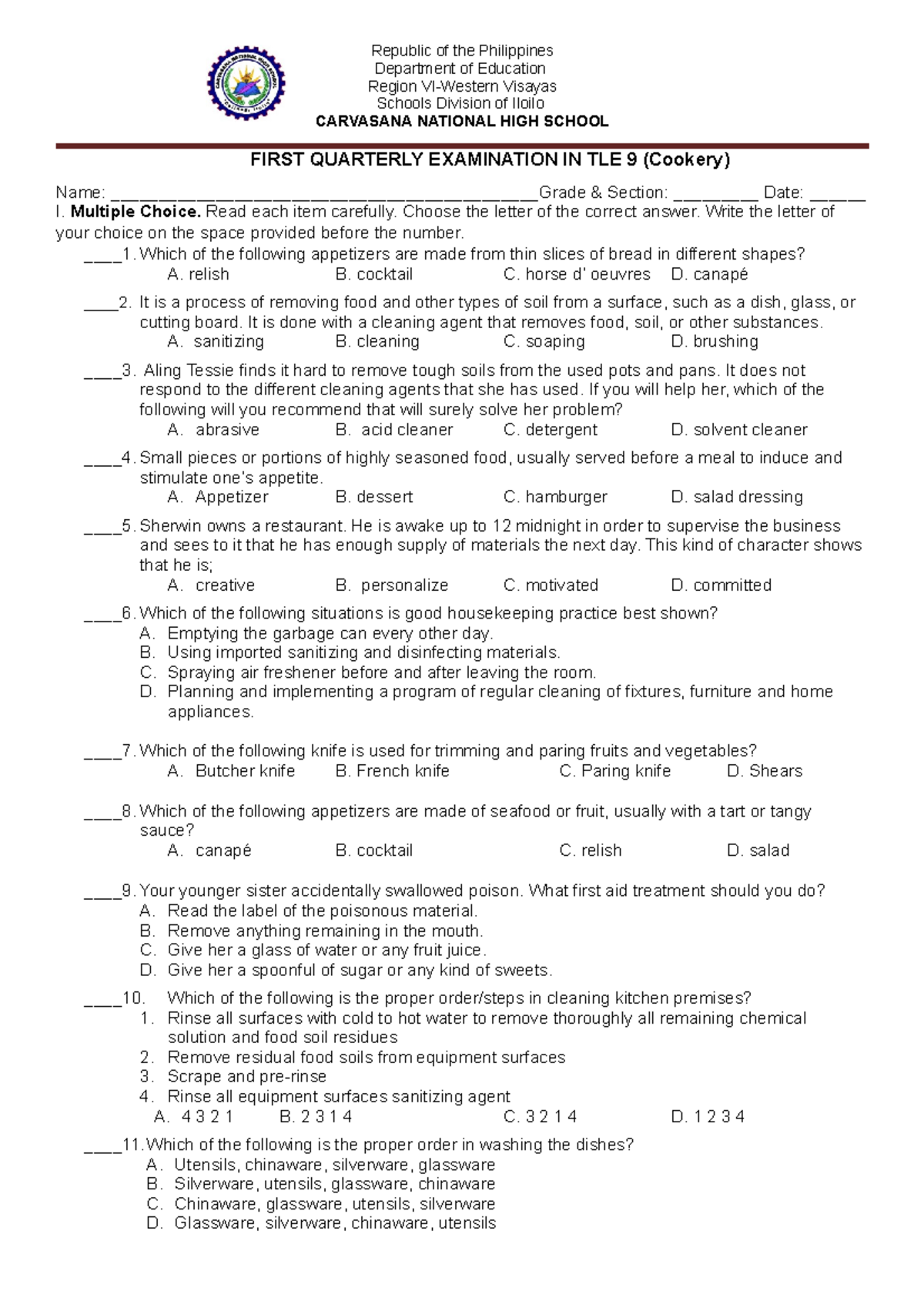 First Quarter Exam in Cookery 9 - Republic of the Philippines ...