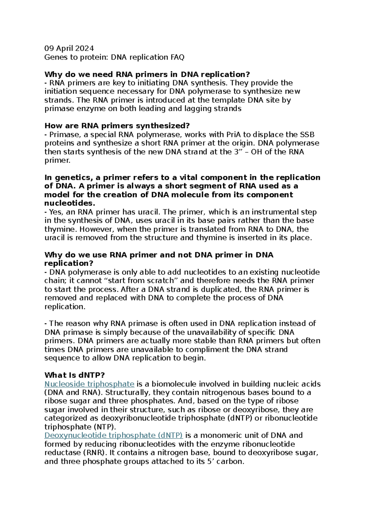 Genes to proteins questions - 09 April 2024 Genes to protein: DNA ...