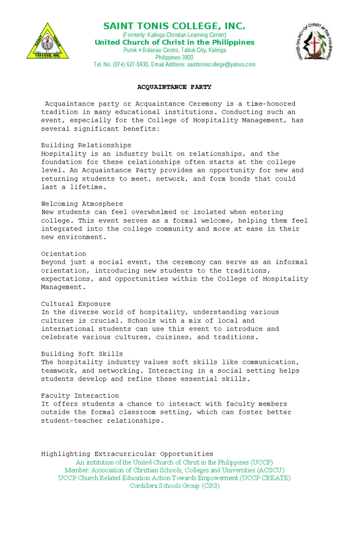 Acquaintance Party or Acquaintance - SAINT TONIS COLLEGE, INC ...