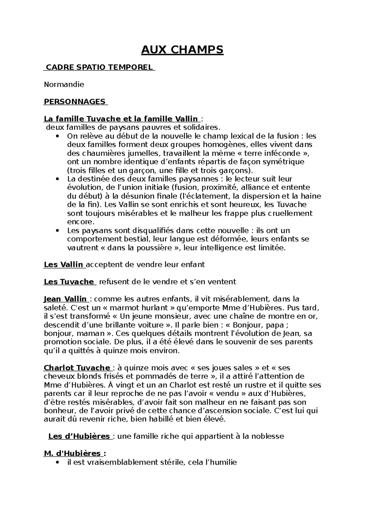 Fiche de lecture de la nouvelle Aux Champs - AUX CHAMPS CADRE SPATIO ...