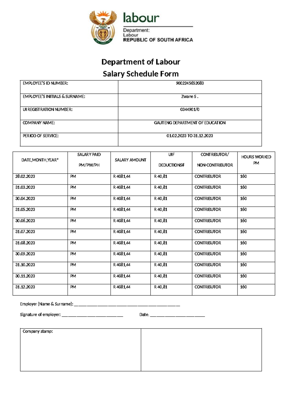 Department of Labour BULK - Department of Labour Salary Schedule Form ...
