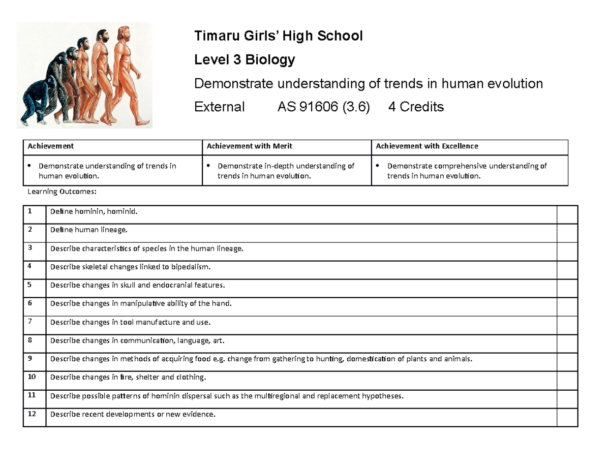 Human evolution learning outcomes - Timaru Girls’ High School Level 3 ...