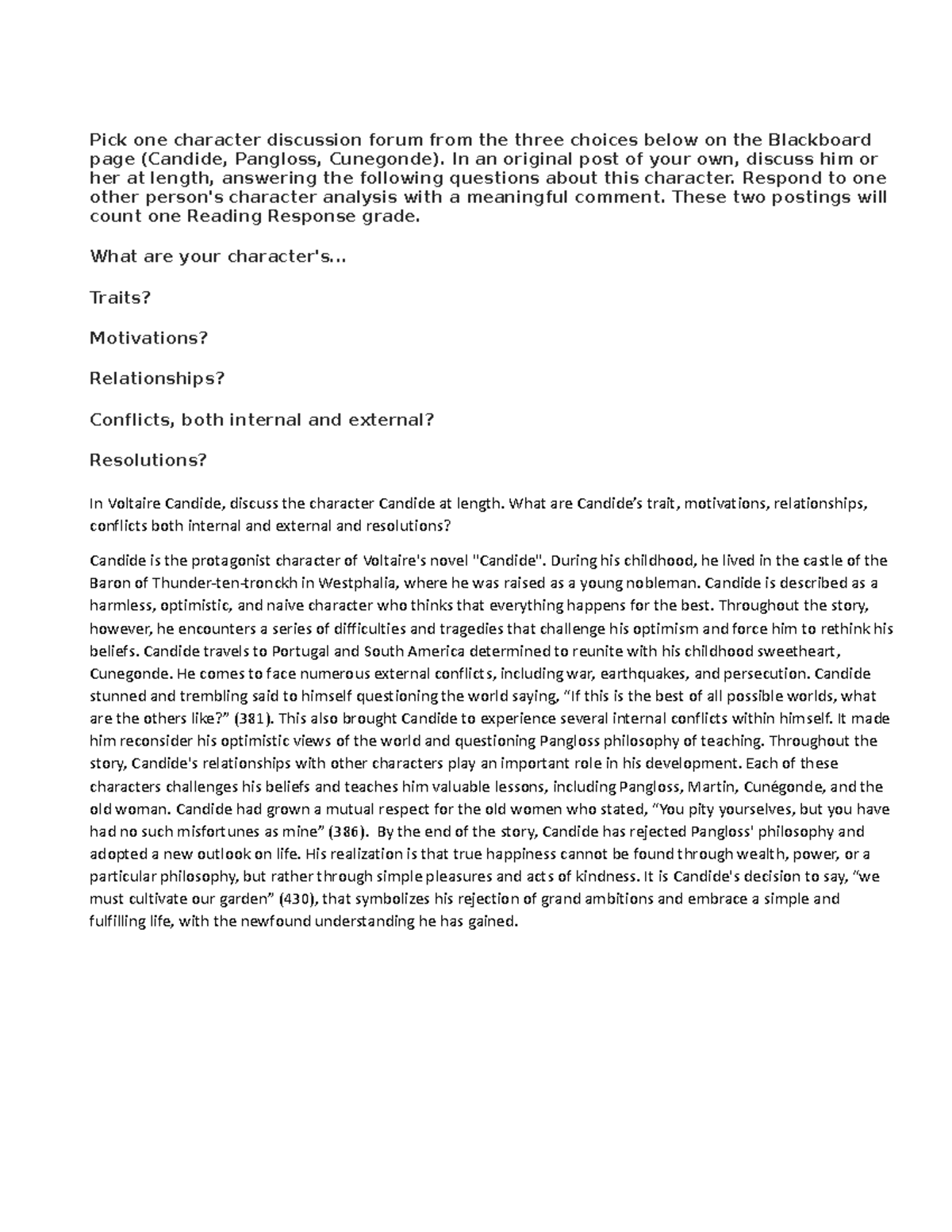 RR Candide - Reading Response - Pick one character discussion forum ...
