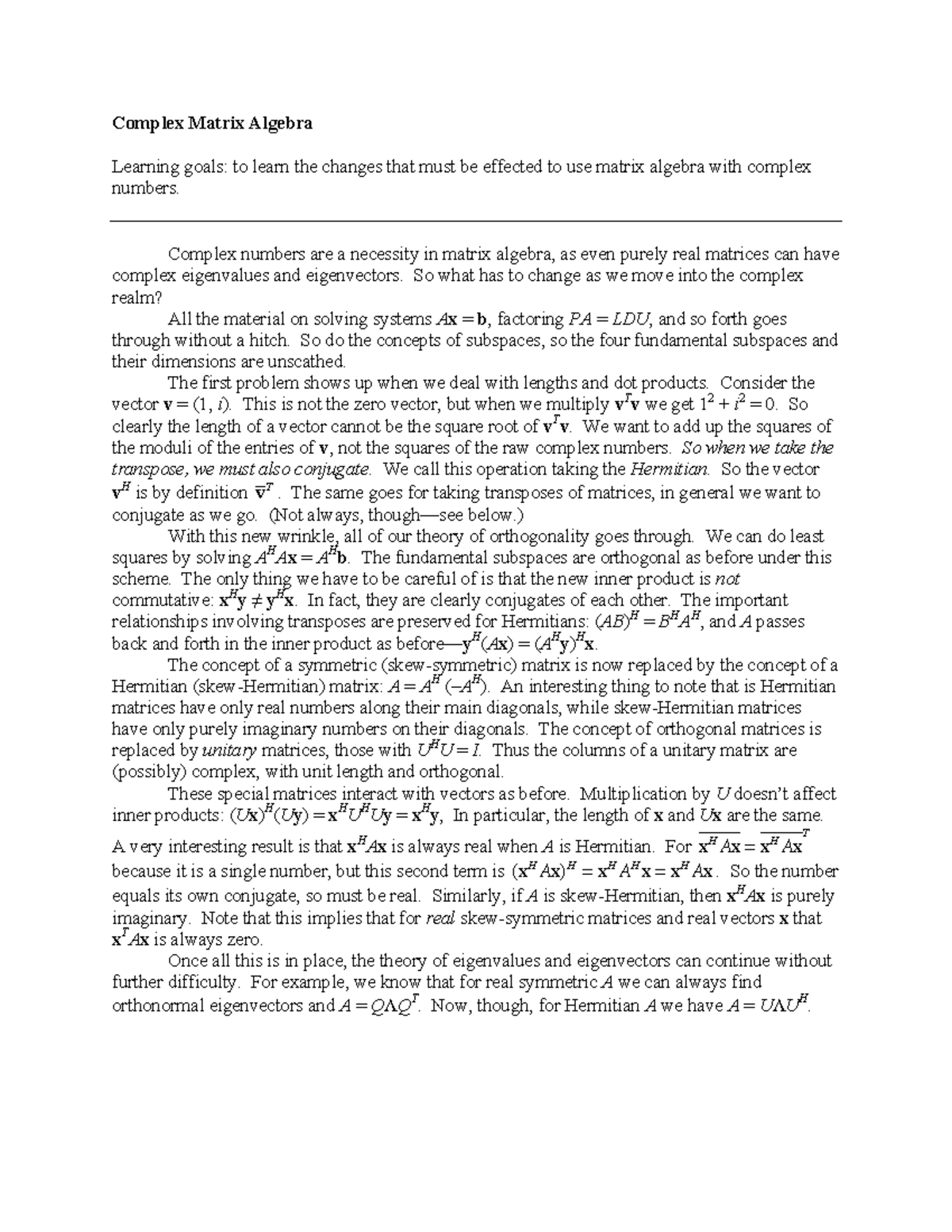 52 Complex Matrix Algebra - Complex Matrix Algebra Learning goals: to ...