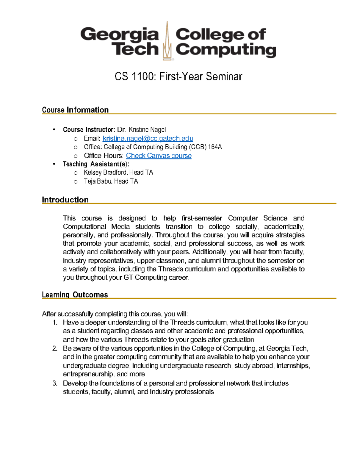 CS1100 Syllabus Fall20240816 - CS 1100: First-Year Seminar Course ...