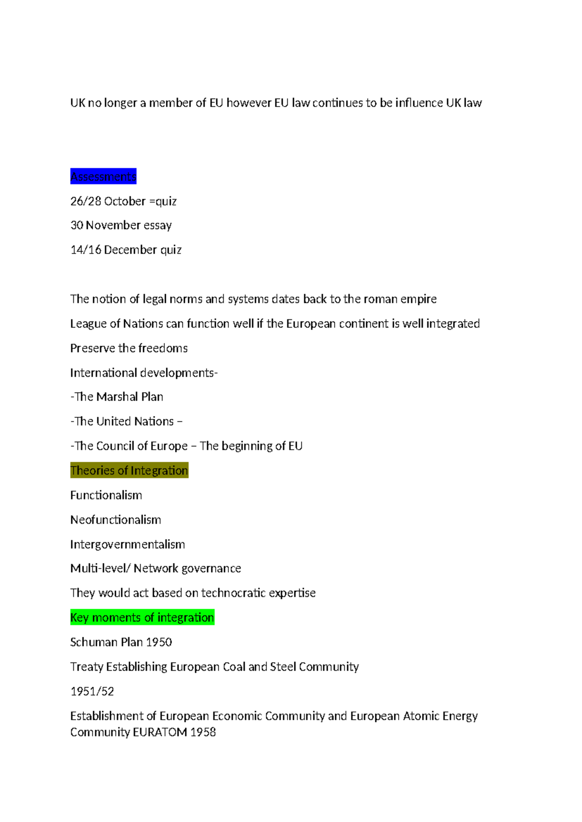 EU law notes - Summary EU INSTITUTIONS AND LAW - UK no longer a member ...