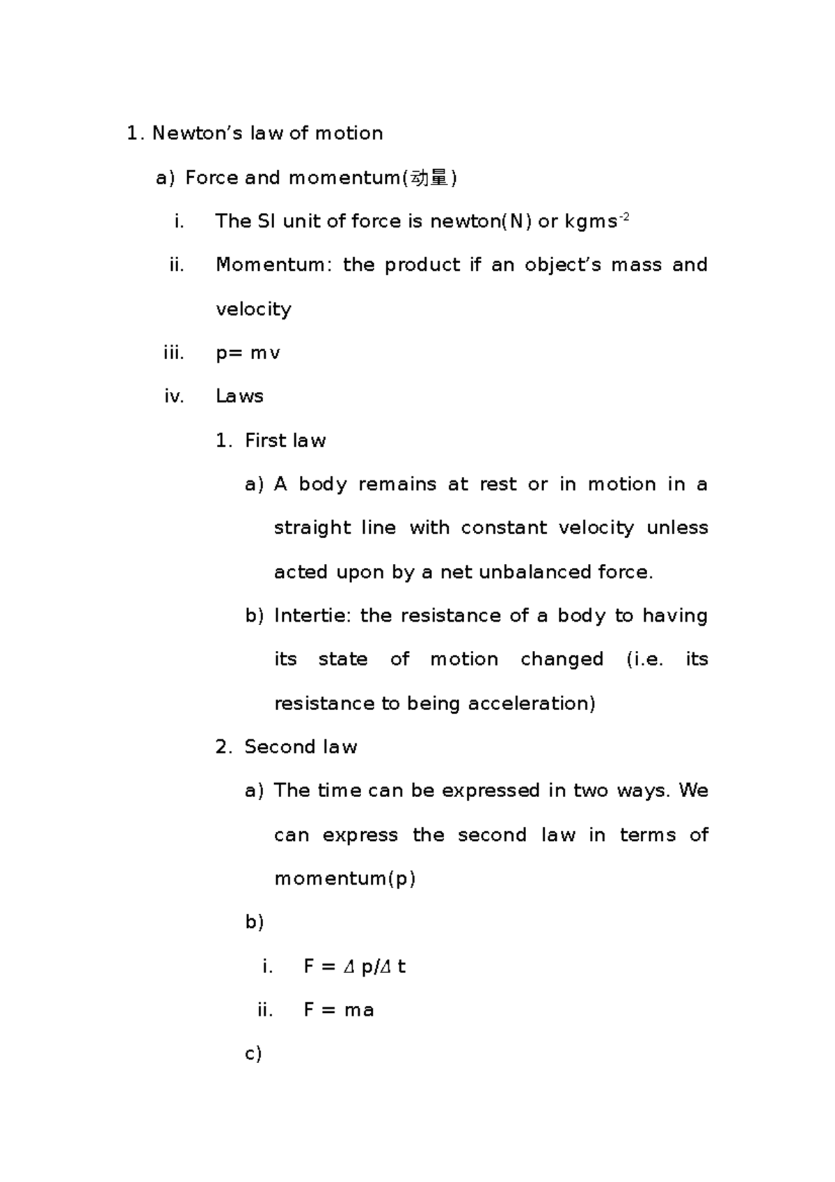 Chapter 4 forces - good luck - Newton’s law of motion a) Force and ...