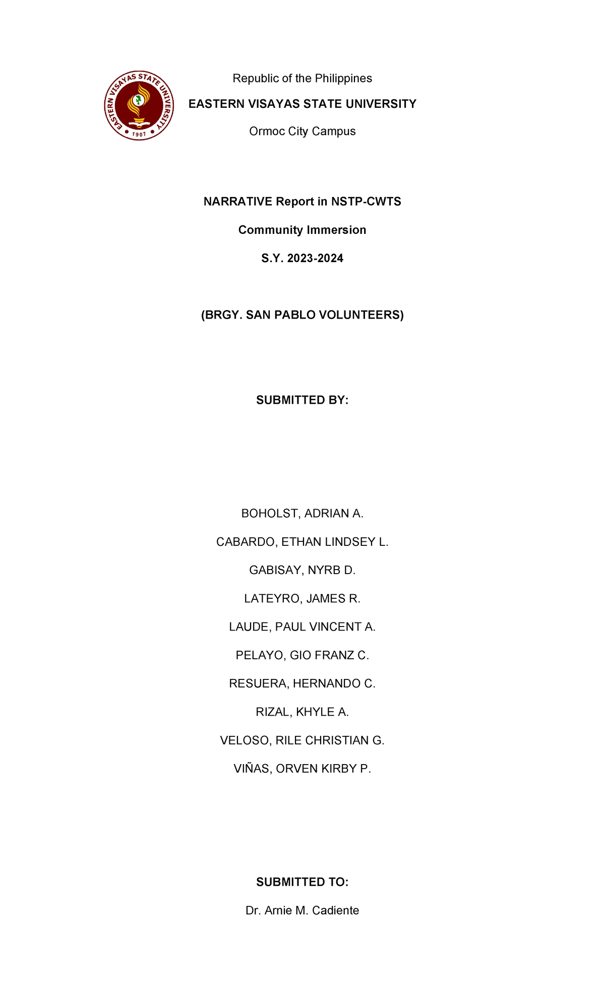 Narrative Report IN NSTP CWTS - Republic of the Philippines EASTERN ...