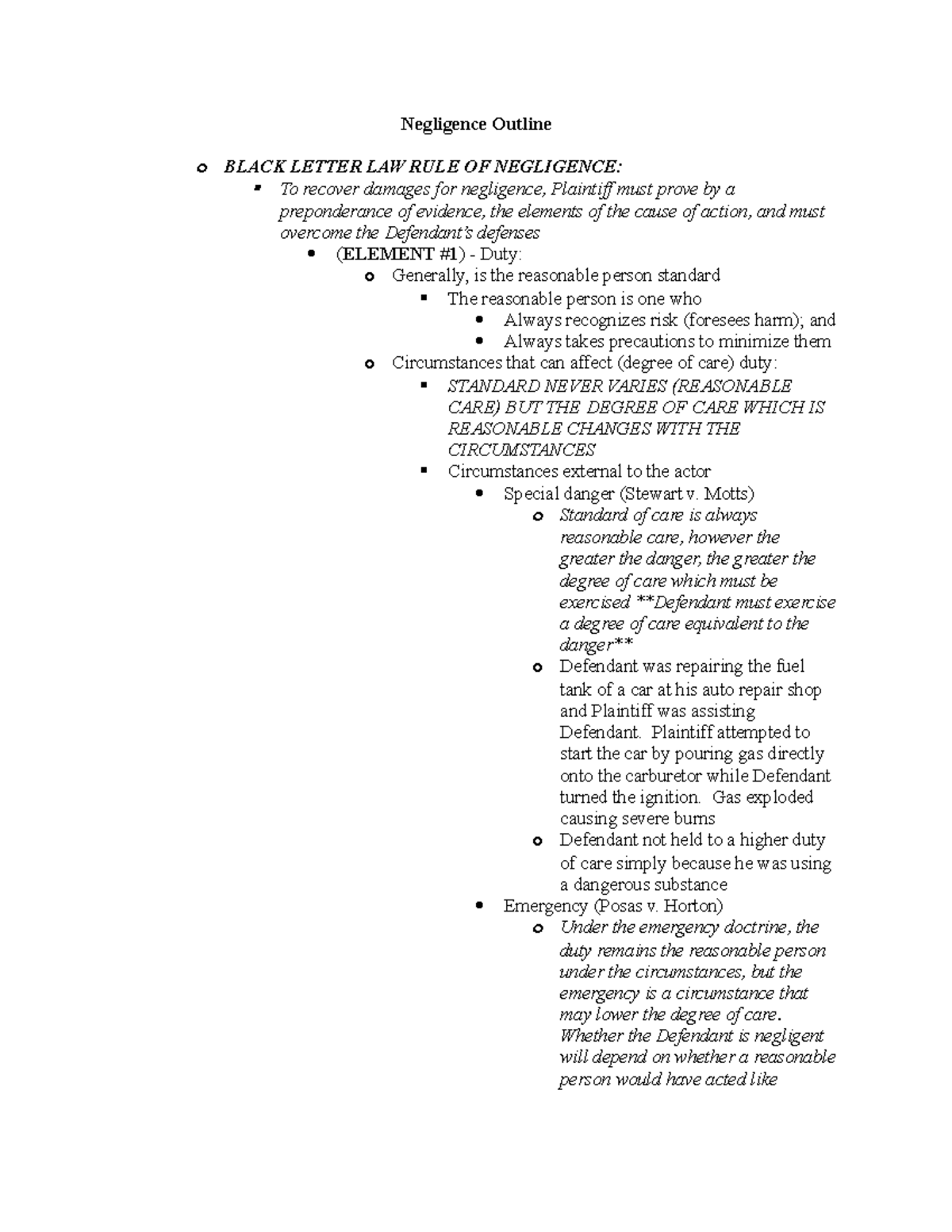 Negligence Outline Very Detailed - Negligence Outline o BLACK LETTER ...