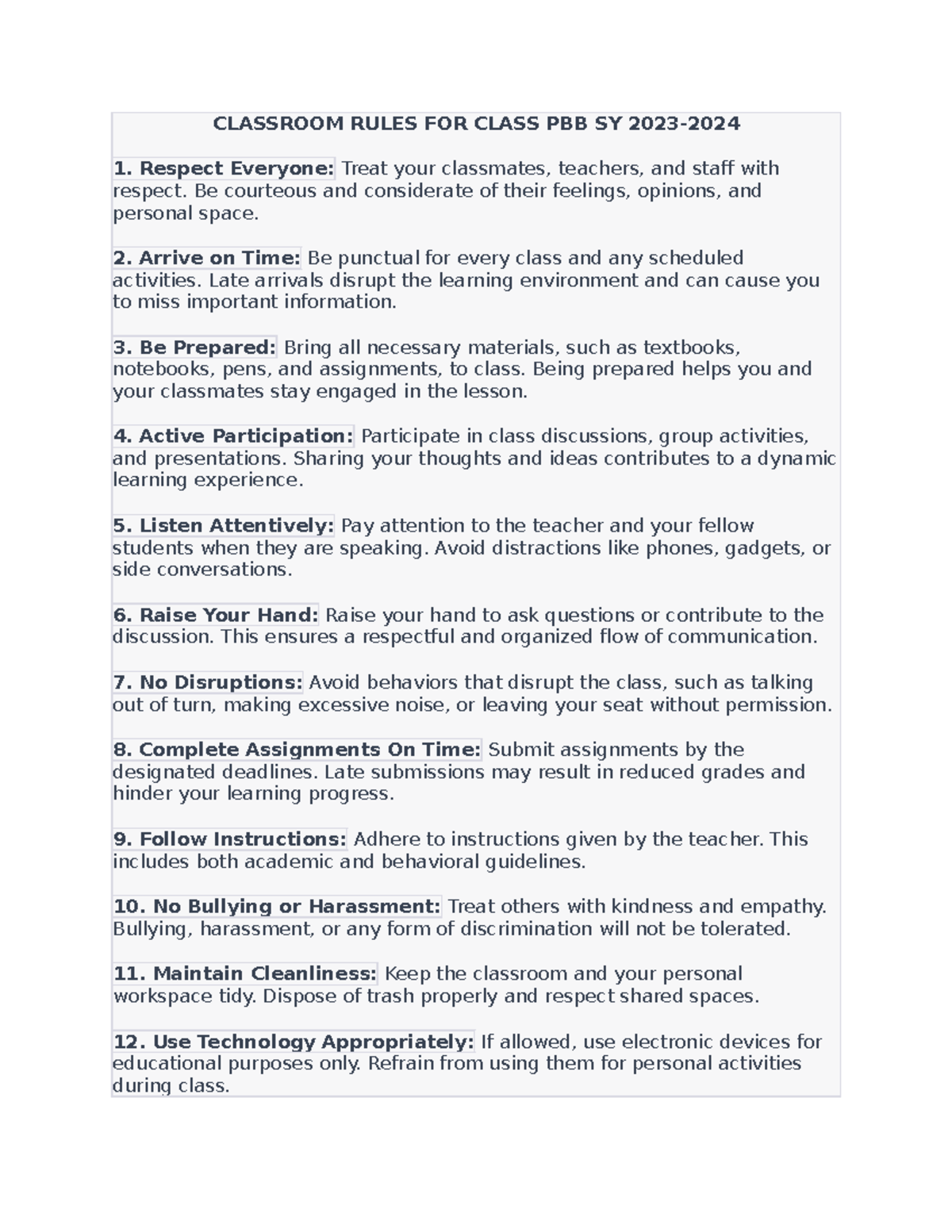 Classroom Rules FOR Class PBB SY 2023 - CLASSROOM RULES FOR CLASS PBB ...