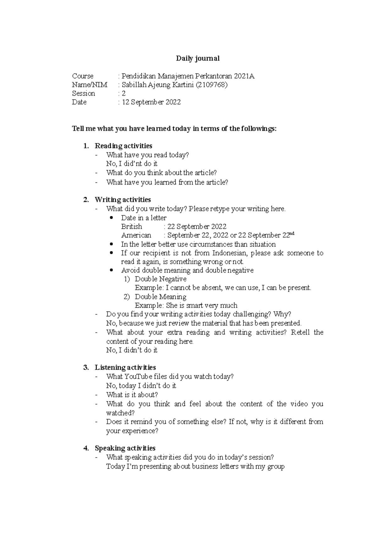 Daily journal at English Course to reflect student's understanding ...