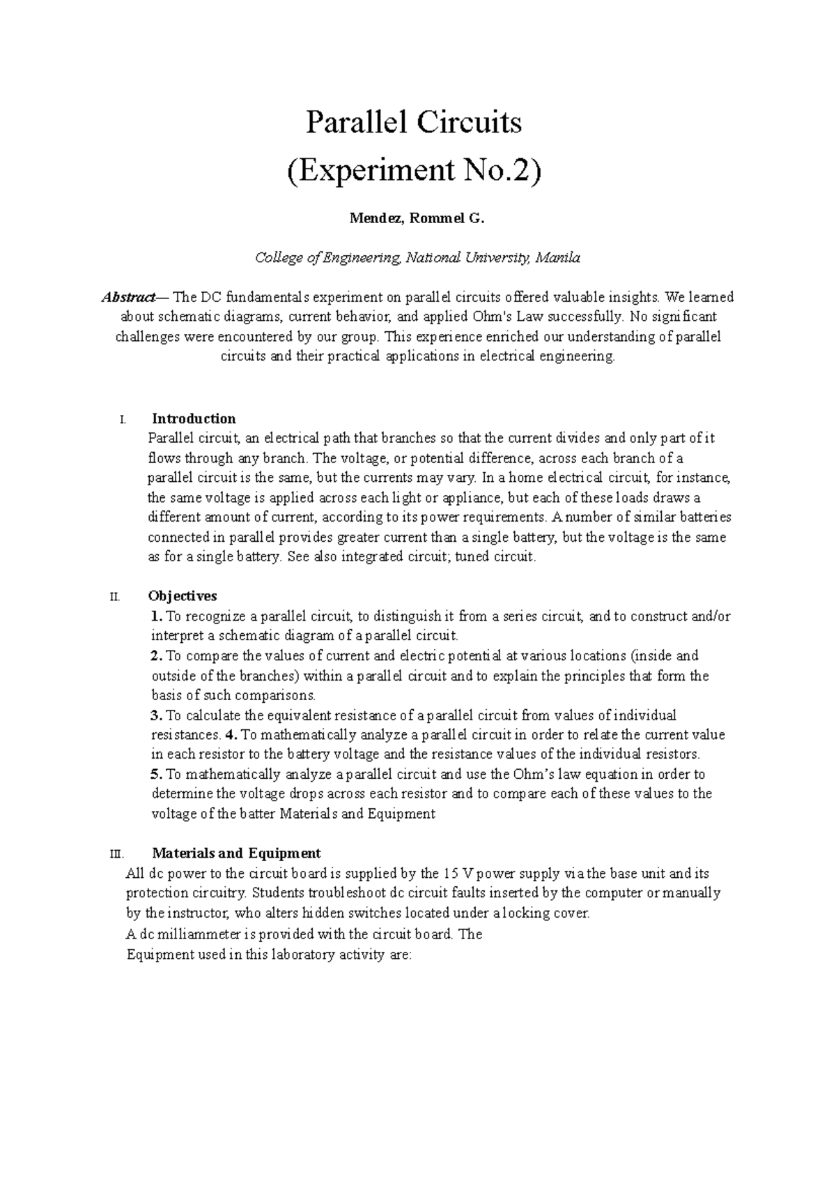Laboratory Report - Experiment No. 2 (Mendez, Rommel G. - Group 1 ...