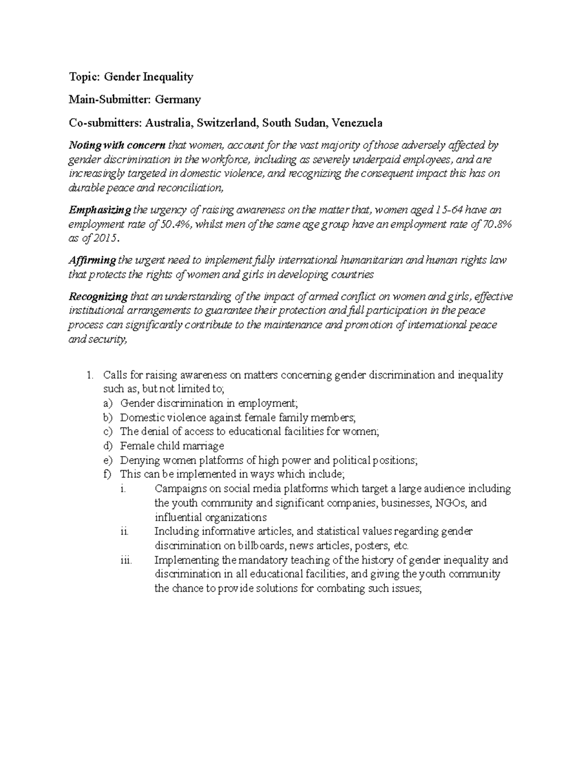 Gender Discrimination-Model United Nations resolutions to aid you in ...