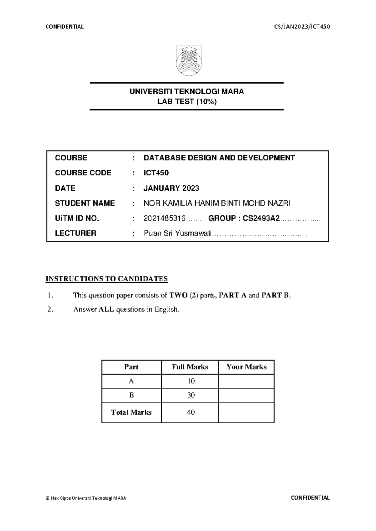 ICT450 Lab Test JAN2023 2021485316 - UNIVERSITI TEKNOLOGI MARA LAB TEST ...