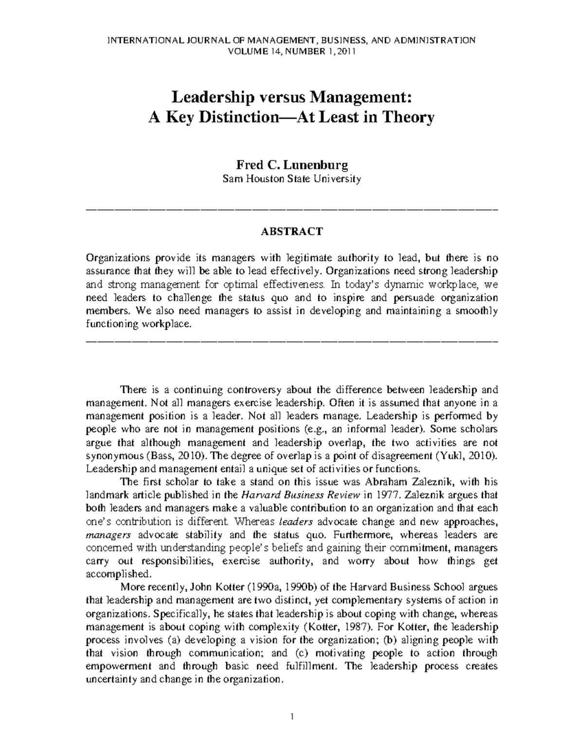 Leadership versus Management A Key Distinction-At - VOLUME 14, NUMBER 1 ...