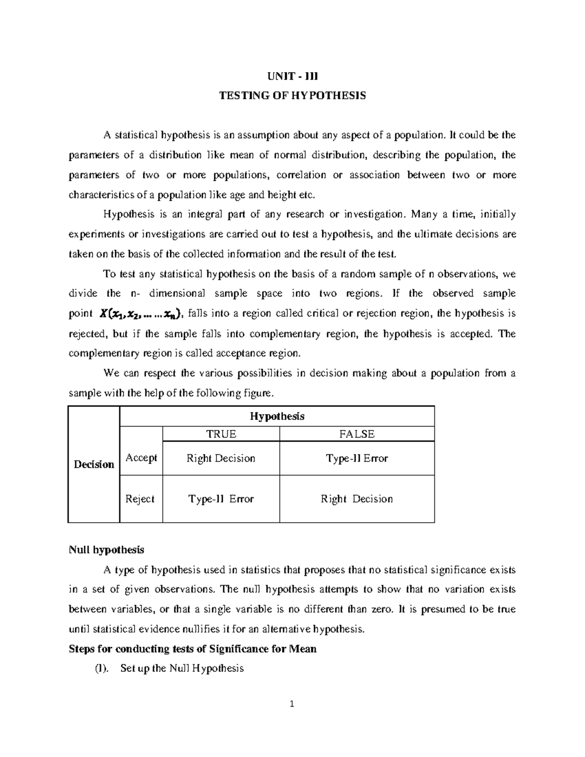 Testing of hypothesis - UNIT - III TESTING OF HYPOTHESIS A statistical ...