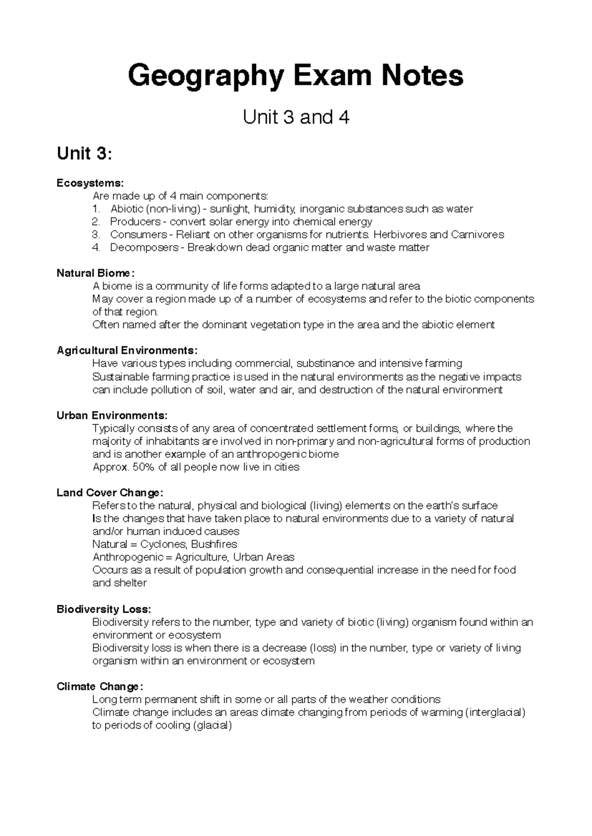 GEO EXAM Study 1 - Geography Exam Notes Unit 3 and 4 Unit 3: Ecosystems ...