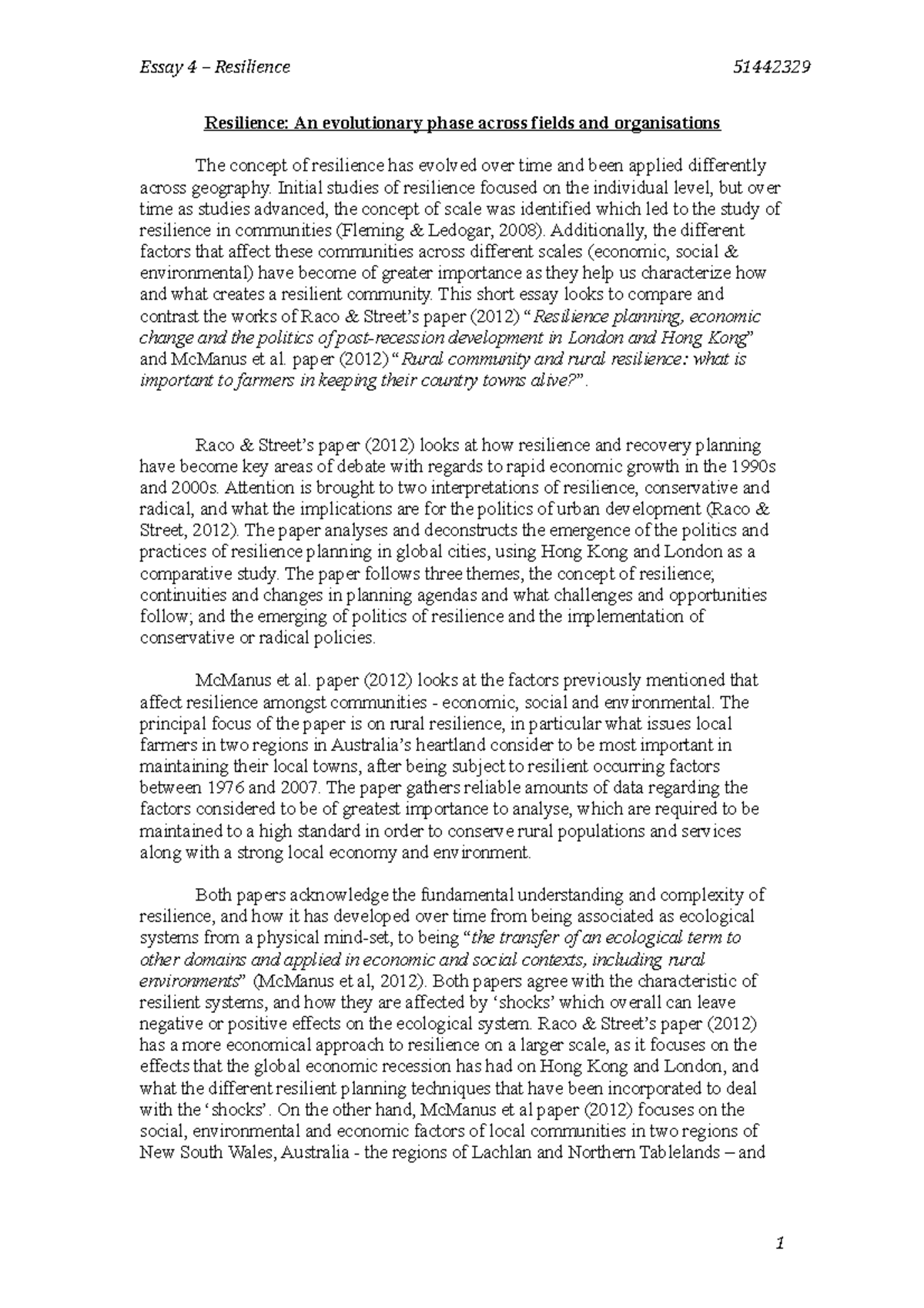 Essay 4 - Resilience - Dr Nick Spedding - Essay 4 – Resilience 51442329 ...