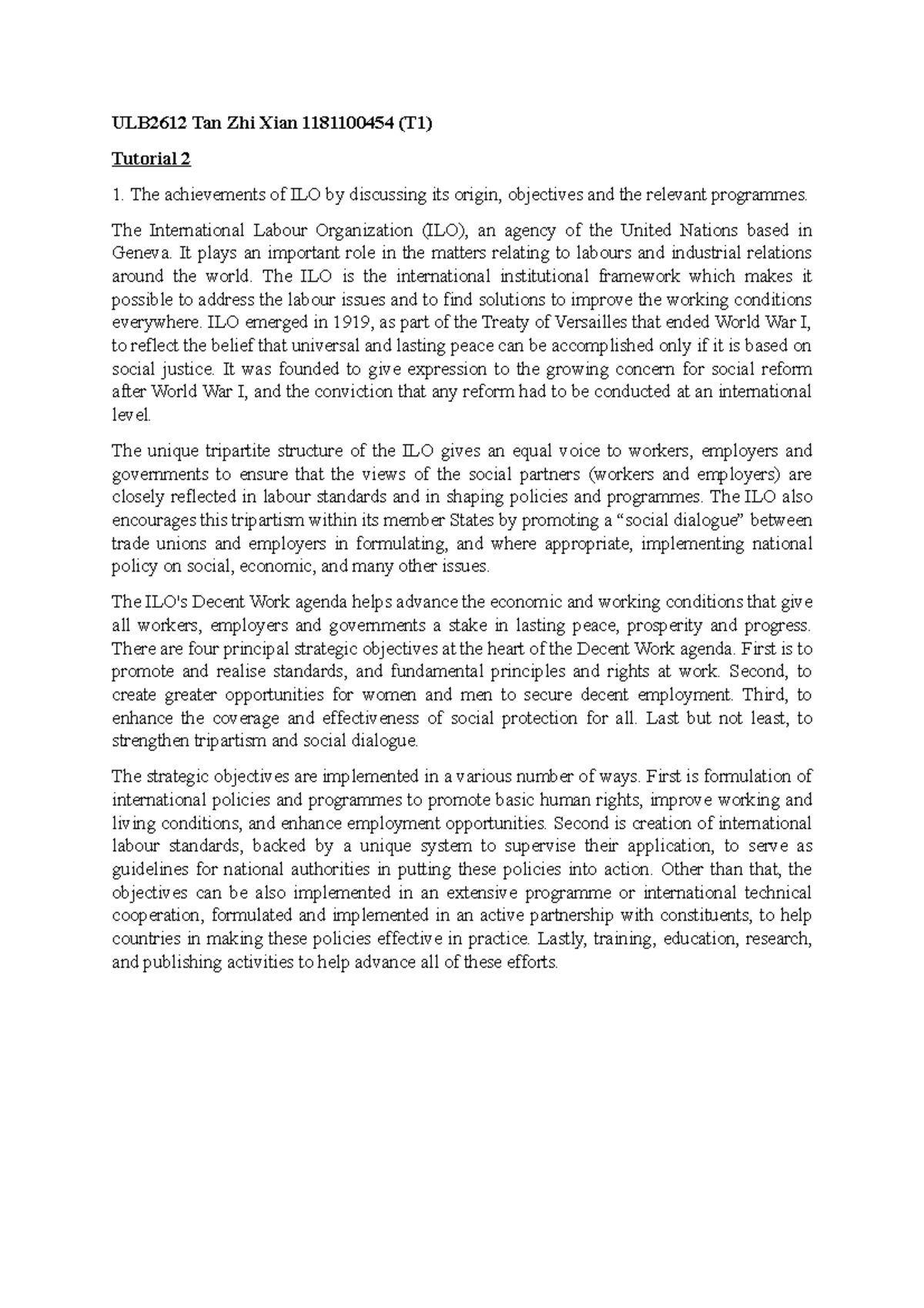 Labour Law Tutorial 2 ILO - ULB2612 Tan Zhi Xian 1181100454 (T1 ...