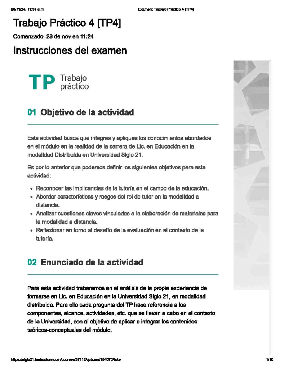 Tp4 - Trabajo Practico - Modulo 4- 70 % - 11:31 a. Examen: Trabajo Práctico 4 Trabajo Práctico 4 ...