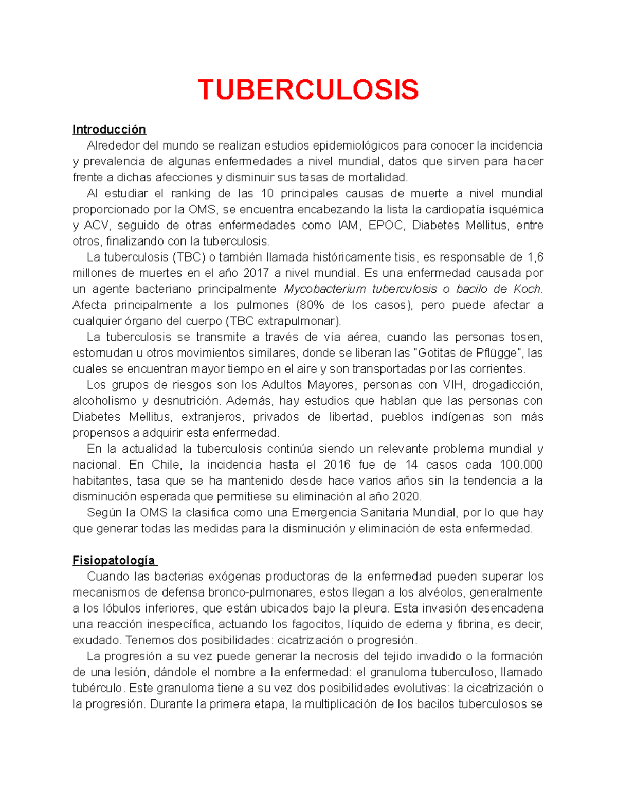 Tuberculosis U - Apuntes 4 - TUBERCULOSIS Introducción Alrededor del ...