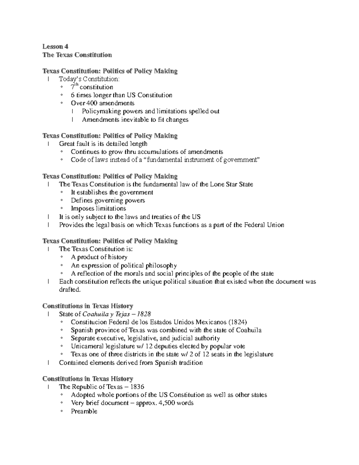 Lesson 4 - The Texas Constitution outlin - L L e e s s s s o o n n 4 4 ...