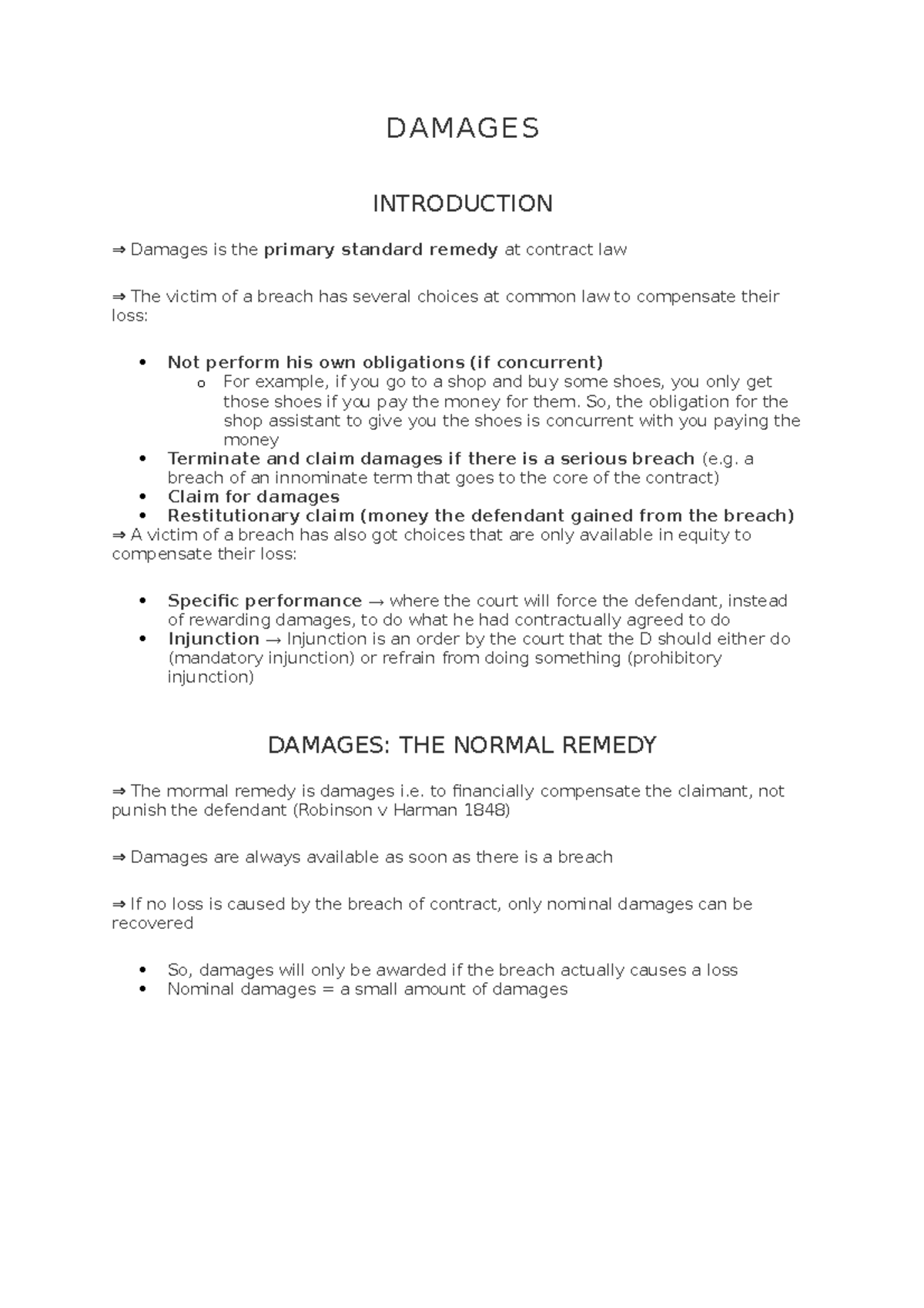 Damages - cycle 8 - DAMAGES INTRODUCTION ⇒ Damages is the primary ...