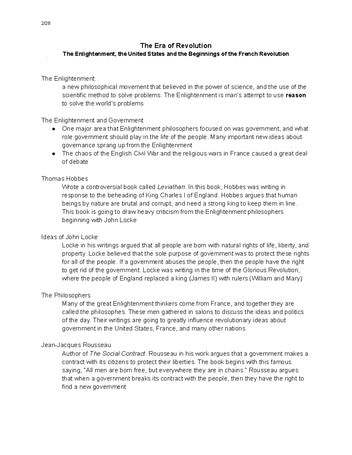 The Era of Revolution (notes) - The Era of Revolution The Enlightenment ...