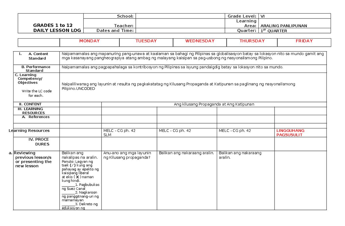 Q1 - W2 Grade 6 PART 2 - DAILY LESSON LOG - ####### GRADES 1 to 12 ...
