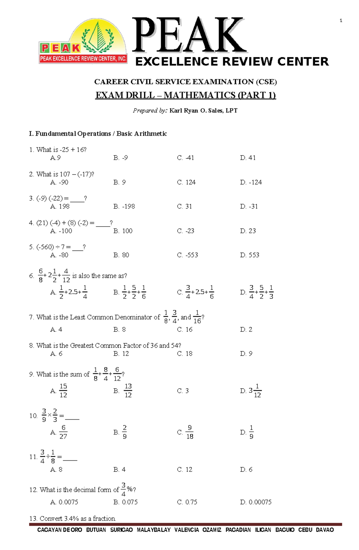 Mathematics - CIvil Service Review Exam - x EXCELLENCE REVIEW CENTER ...